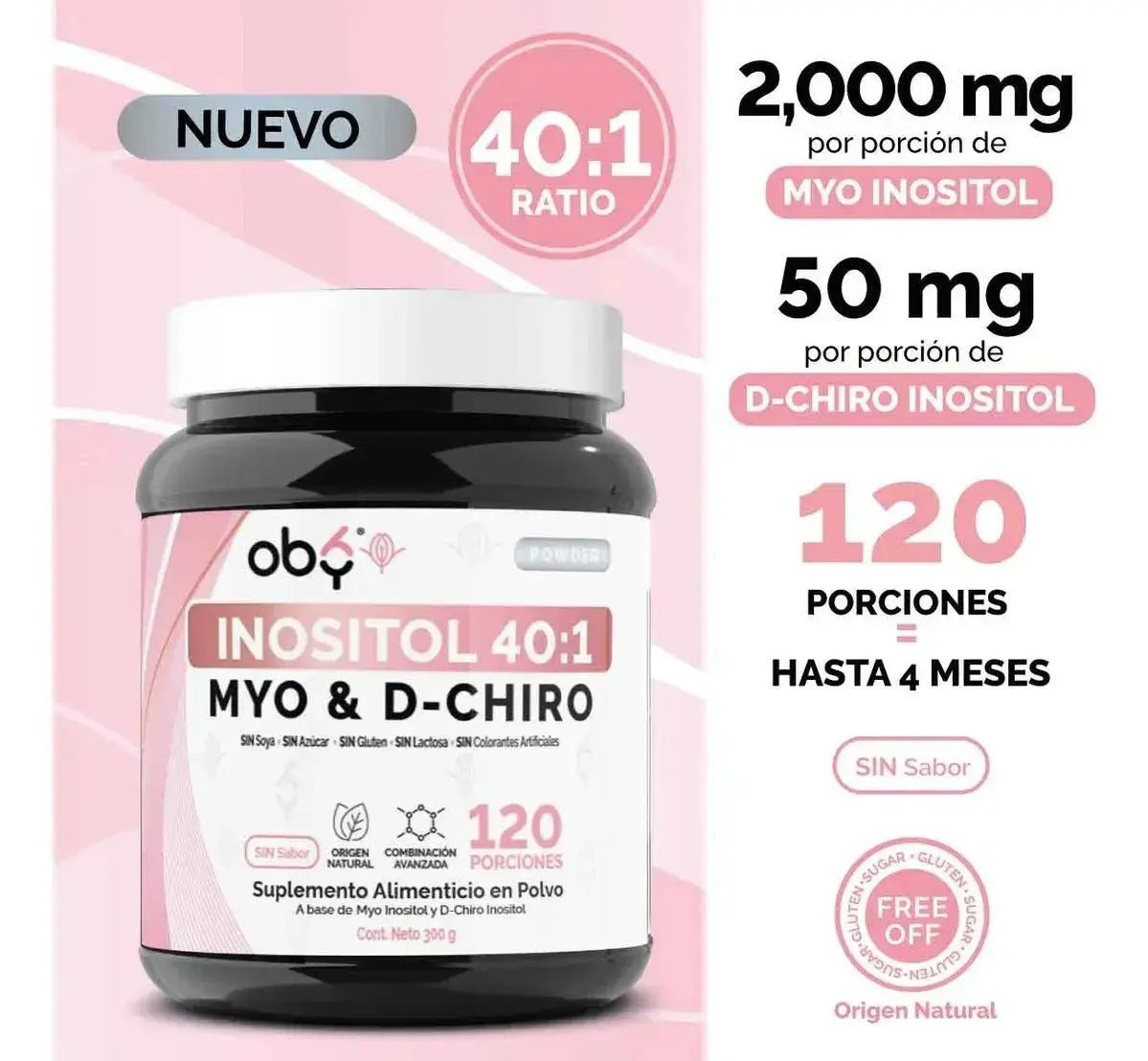 Oby Inositol Ultra con Myo y D-Chiro Inositol Ratio 40:1 300gr bote -– oby.mx