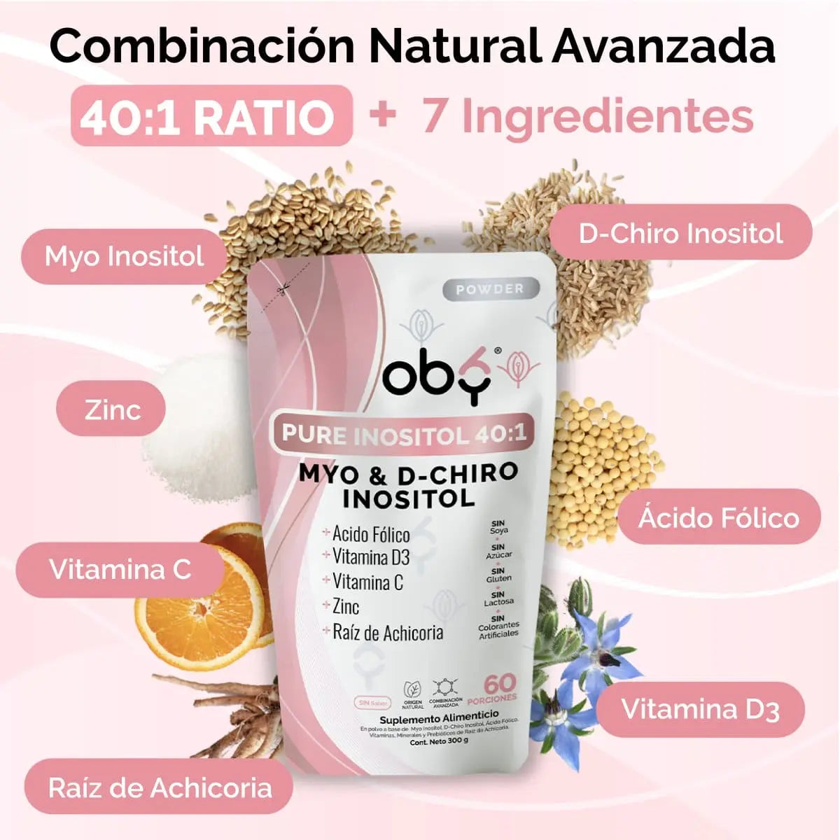 Oby Pure Inositol Ratio 40:1 Polvo 300 G | Myo y D-Chiro Inositol, Aci ...