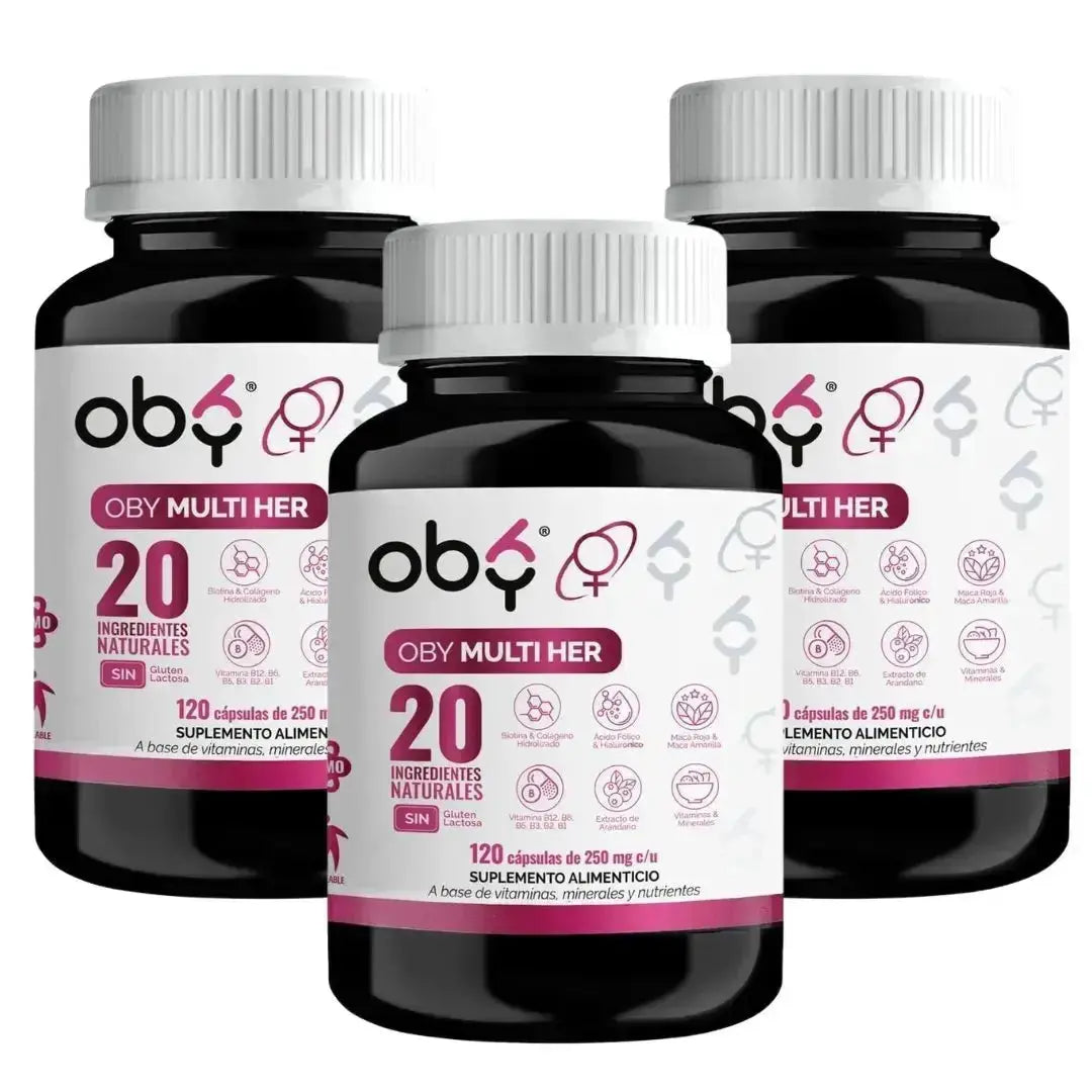 Pack de 3 frascos: OBY MULTI HER Multivitaminico MUJER, 20 Vitaminas,– oby.mx