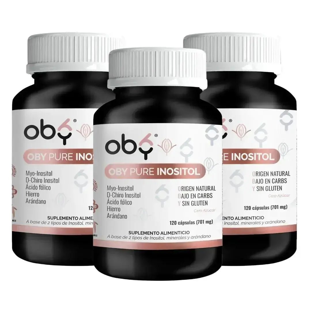 Pack de 3 frascos: OBY Pure Inositol con Myo y D-Chiro Inositol +– oby.mx
