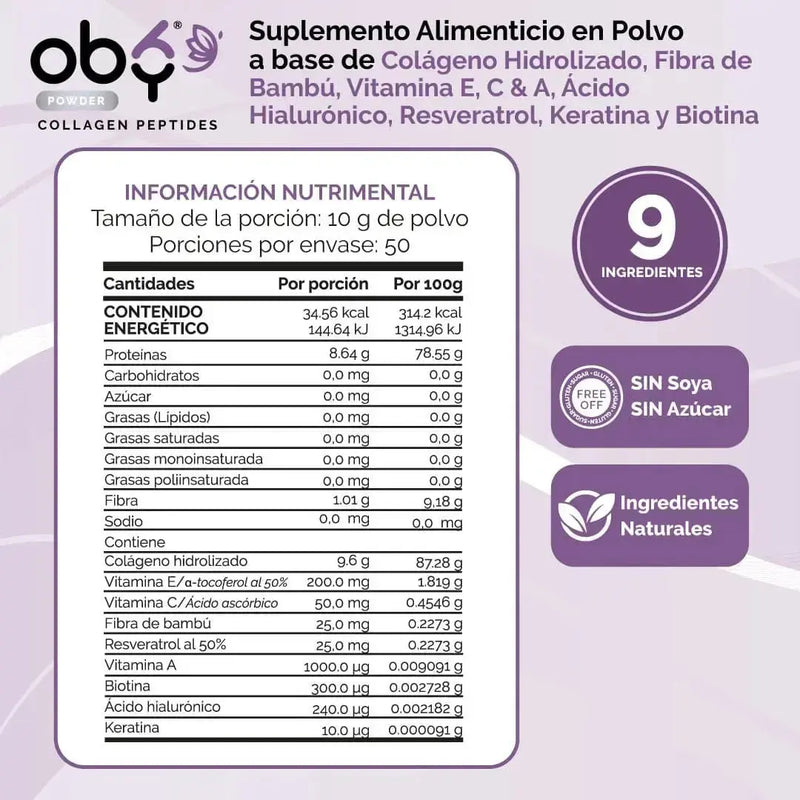 OBY Colageno Hidrolizado Puro Polvo Sin sabor 500 gr | con Acido– oby.mx